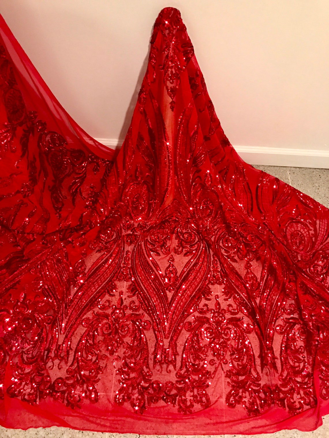 RED 4way Stretch Sequins Lace Mesh Fabric 50 Width 1 Yard - Etsy