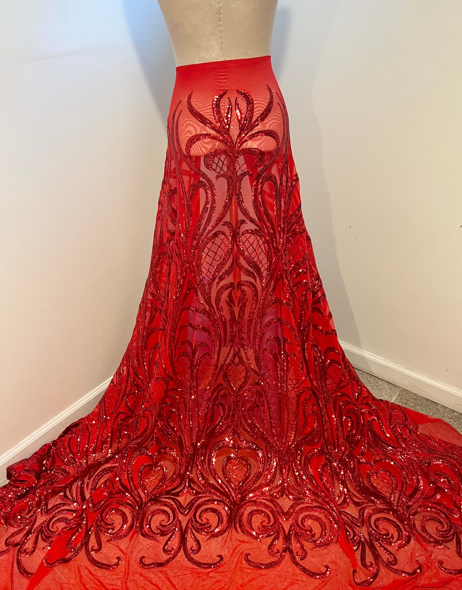 RED 4way Stretch Sequins Lace Mesh Fabric 50” Width Sold by the Yard - Etsy