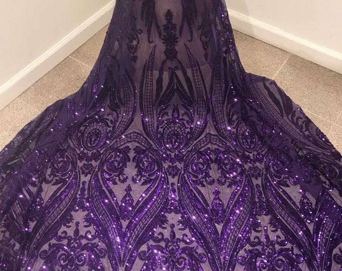 Purple 4way Stretch Sequins Lace Mesh Fabric Sold by the Yard | Etsy