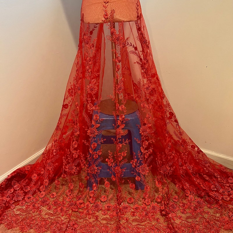 Red Beaded Lace Fabric - Etsy