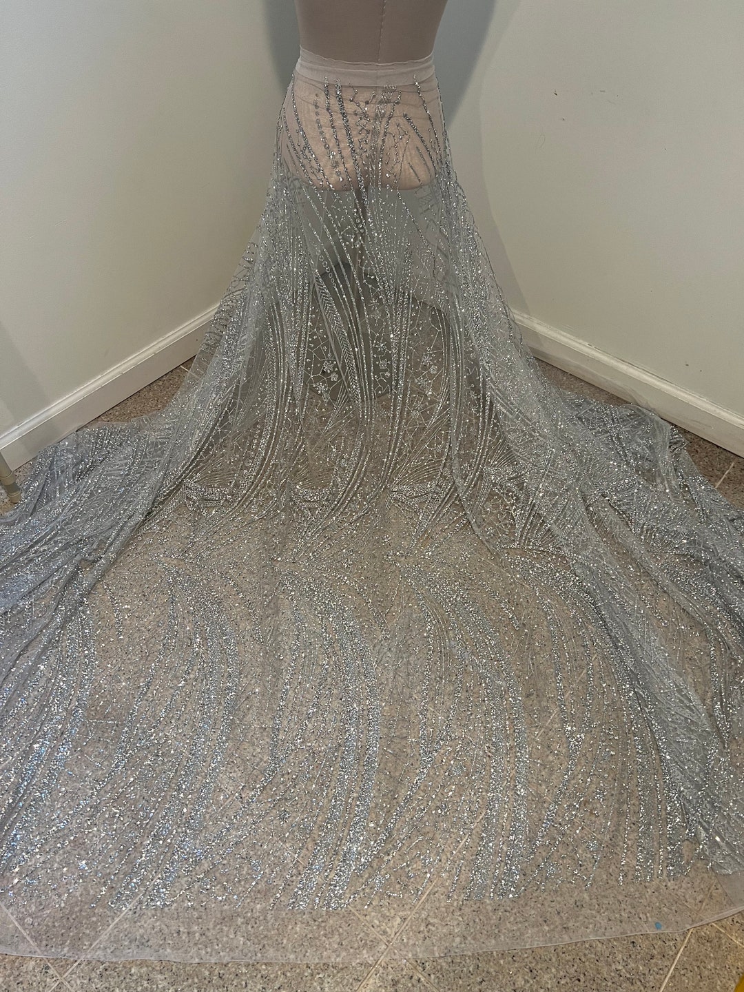 Silver White Rhinestones Glitter Lace Mesh Fabric 48” Width Sold by the ...