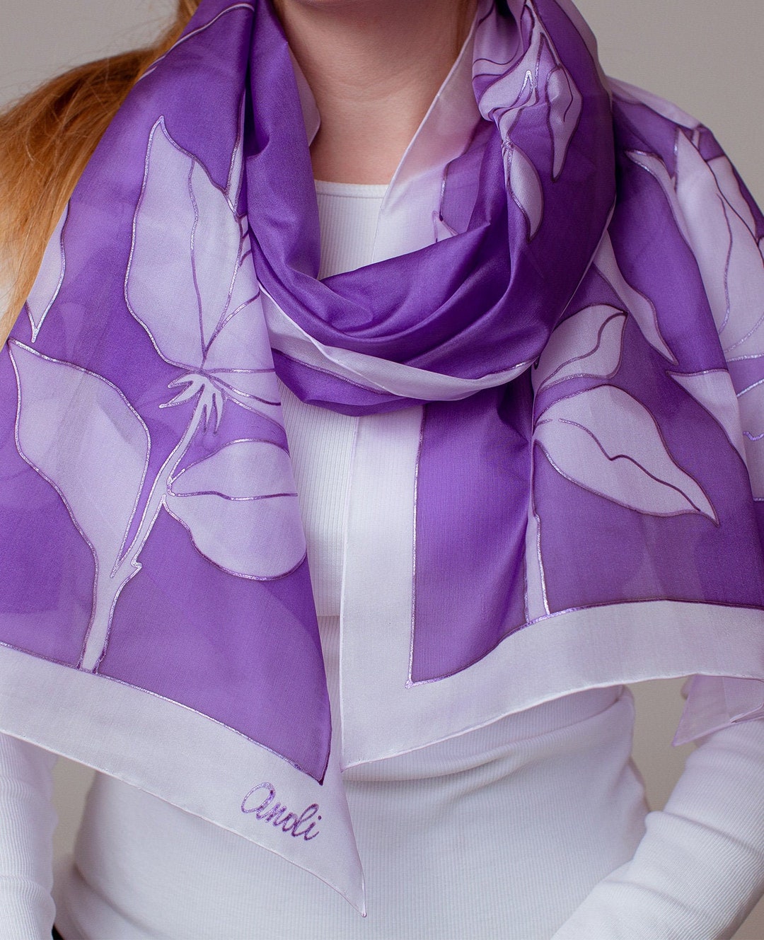 Purple Flower Hand Painted Silk Scarf, Flowers Silk Scarf, Women Silk ...