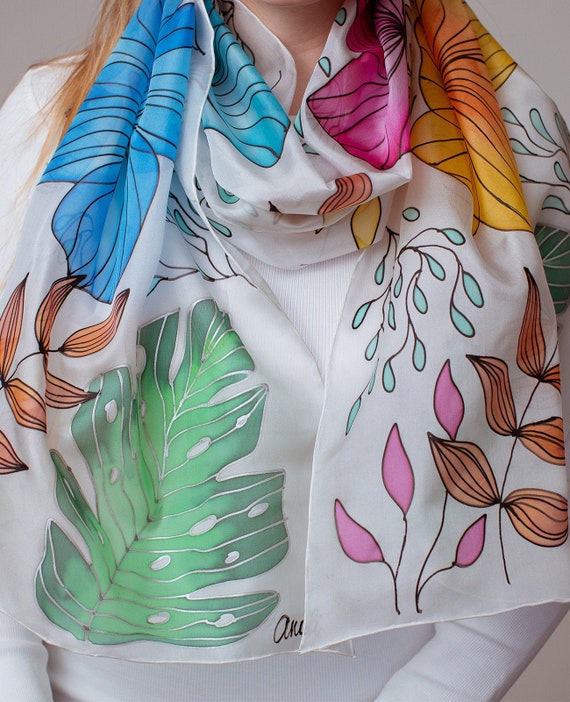 Colorful Summer Hand Painted Silk Scarf Flowers Silk Scarf - Etsy
