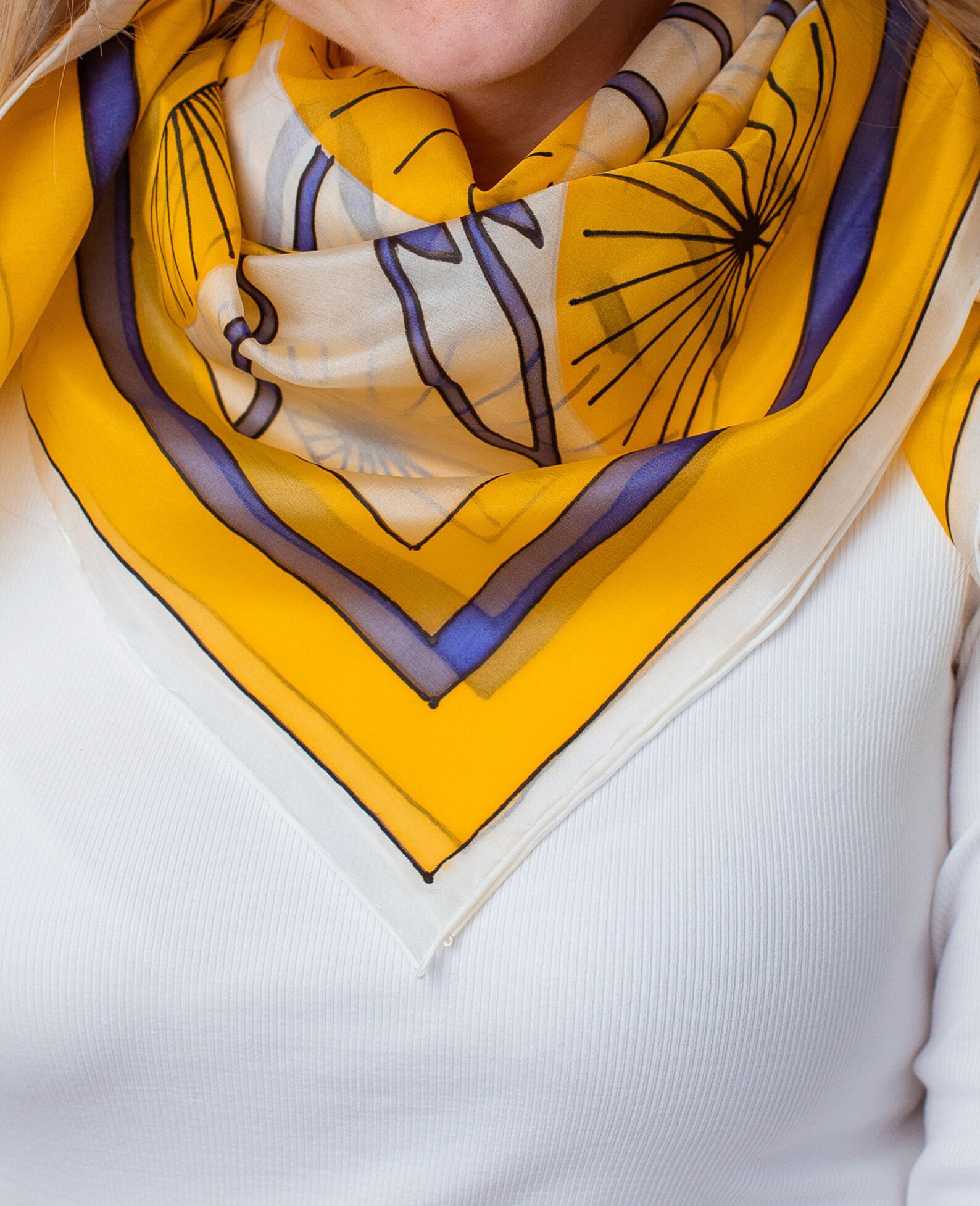 Blue/yellow Abstraction Hand Painted Silk Shawl, Square Silk Scarf ...