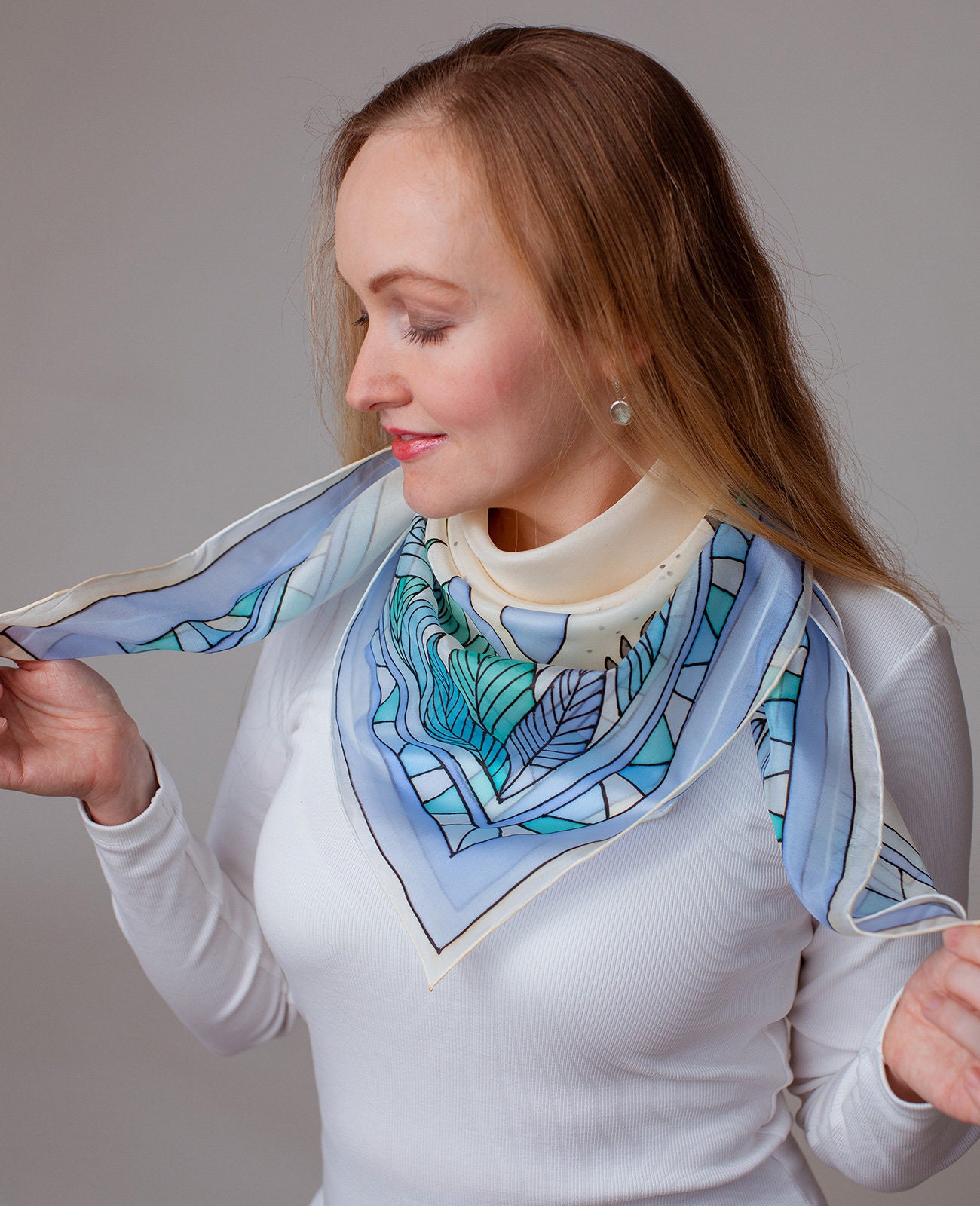 Light Blue Nature Motif Hand Painted Silk Shawl, Square Silk Scarf ...
