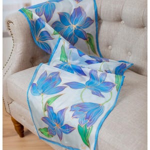 Hand Painted Silk Scarf, Blue Spring Flowers, Luxury Gift Box - Etsy