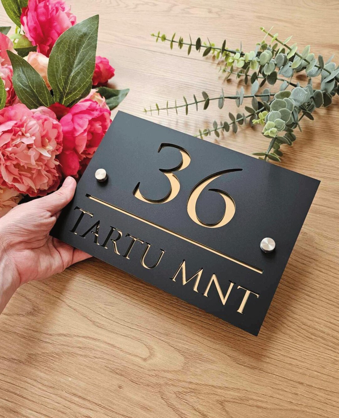 Personalized Matte Black Acrylic House Number Sign, Gold Accent - Etsy