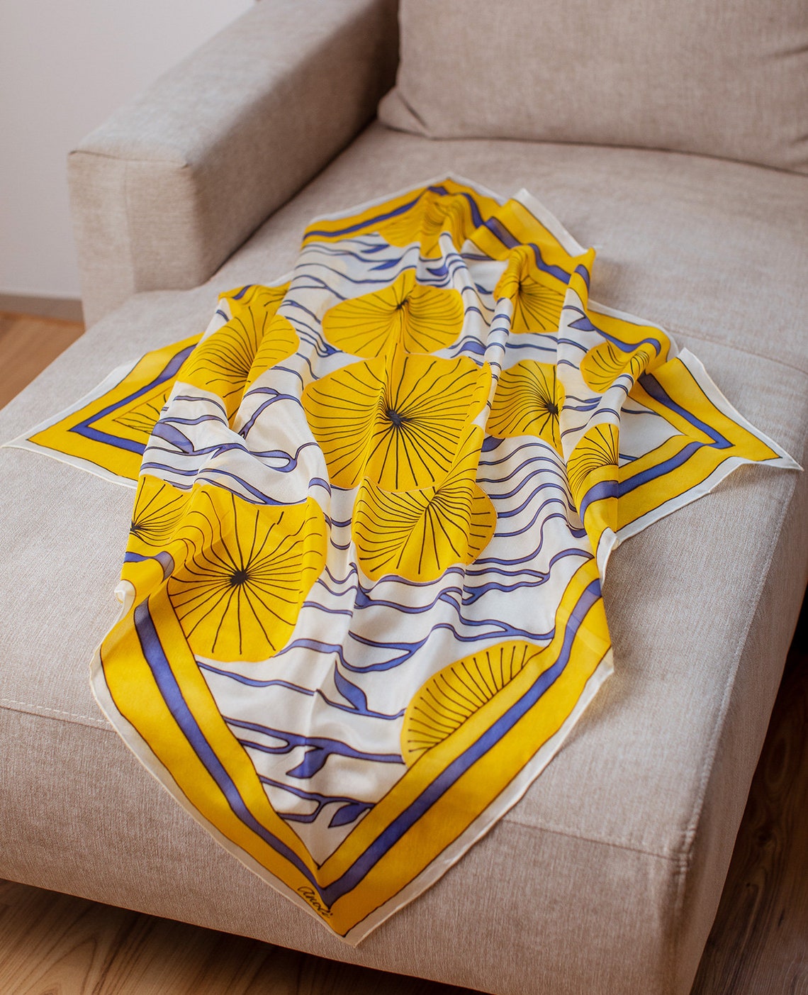 Blue/yellow Abstraction Hand Painted Silk Shawl, Square Silk Scarf ...