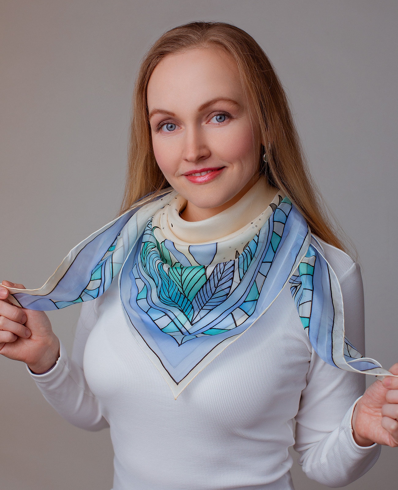 Light Blue Nature Motif Hand Painted Silk Shawl, Square Silk Scarf ...