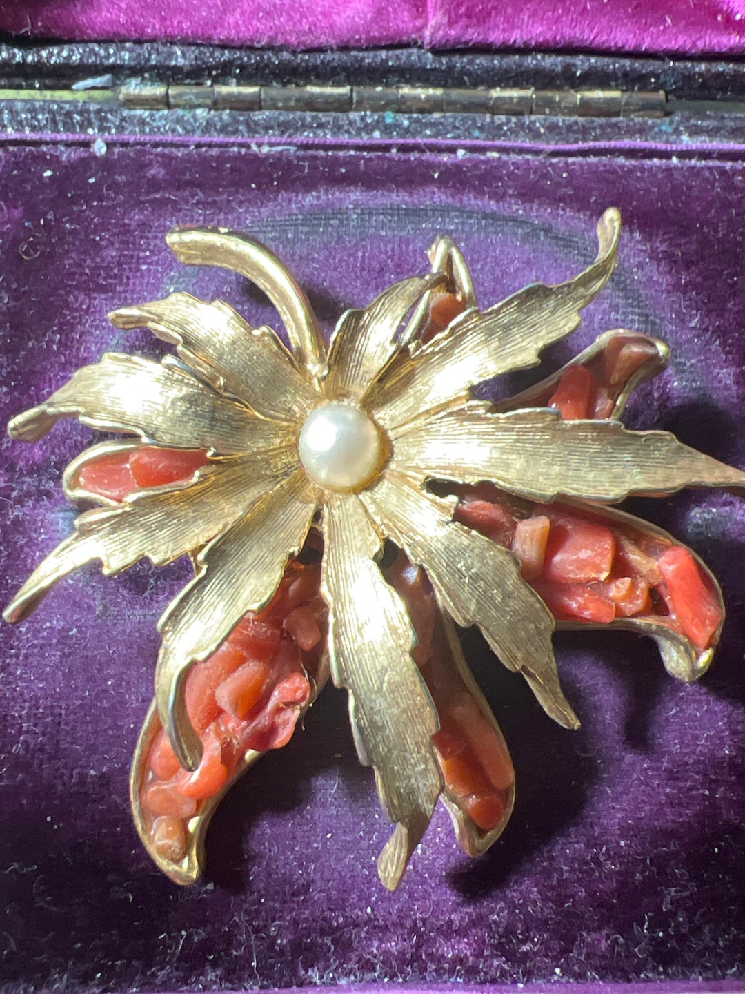 Gold Metal Coral Brooch - Etsy