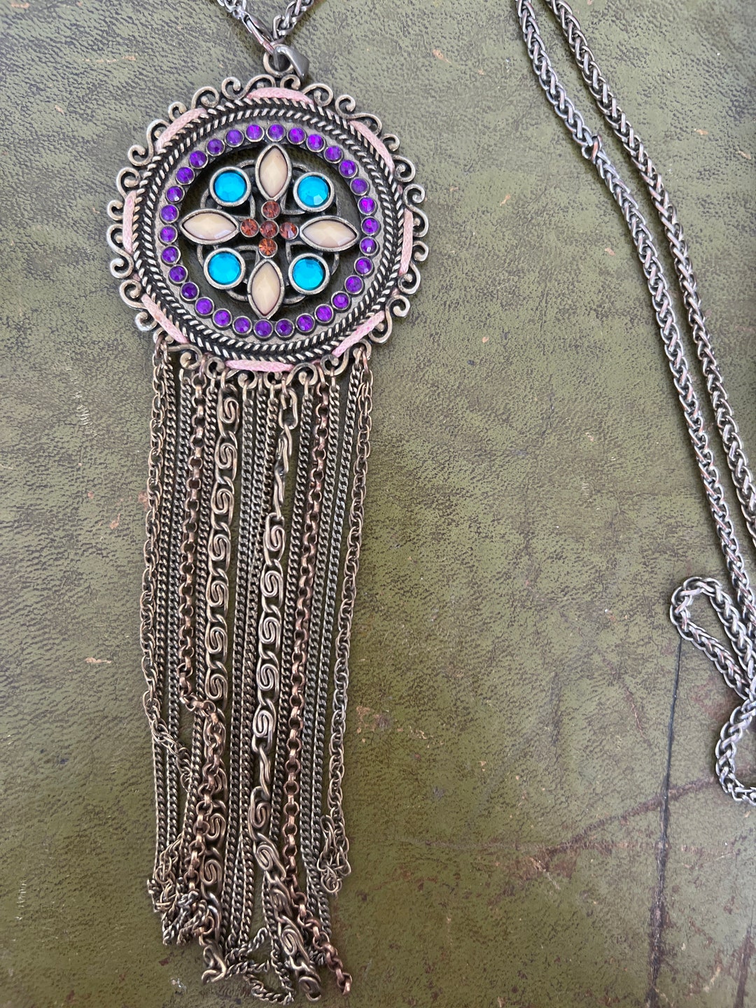 Long Chain With Striking Metal Snd Paste Pendant - Etsy