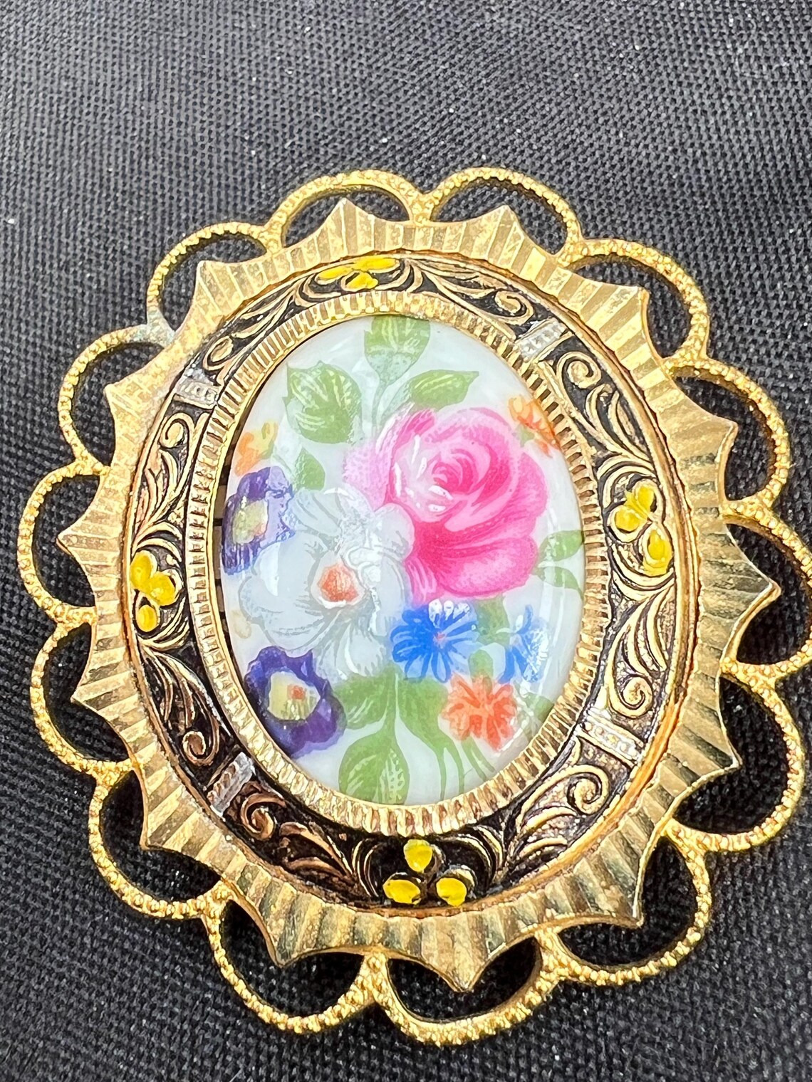 Metal and Porcelain Flower Brooch - Etsy