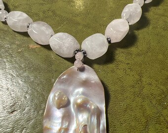Rose Quartz, Shell, Blue Glass and Jade Beaded Necklace - Etsy