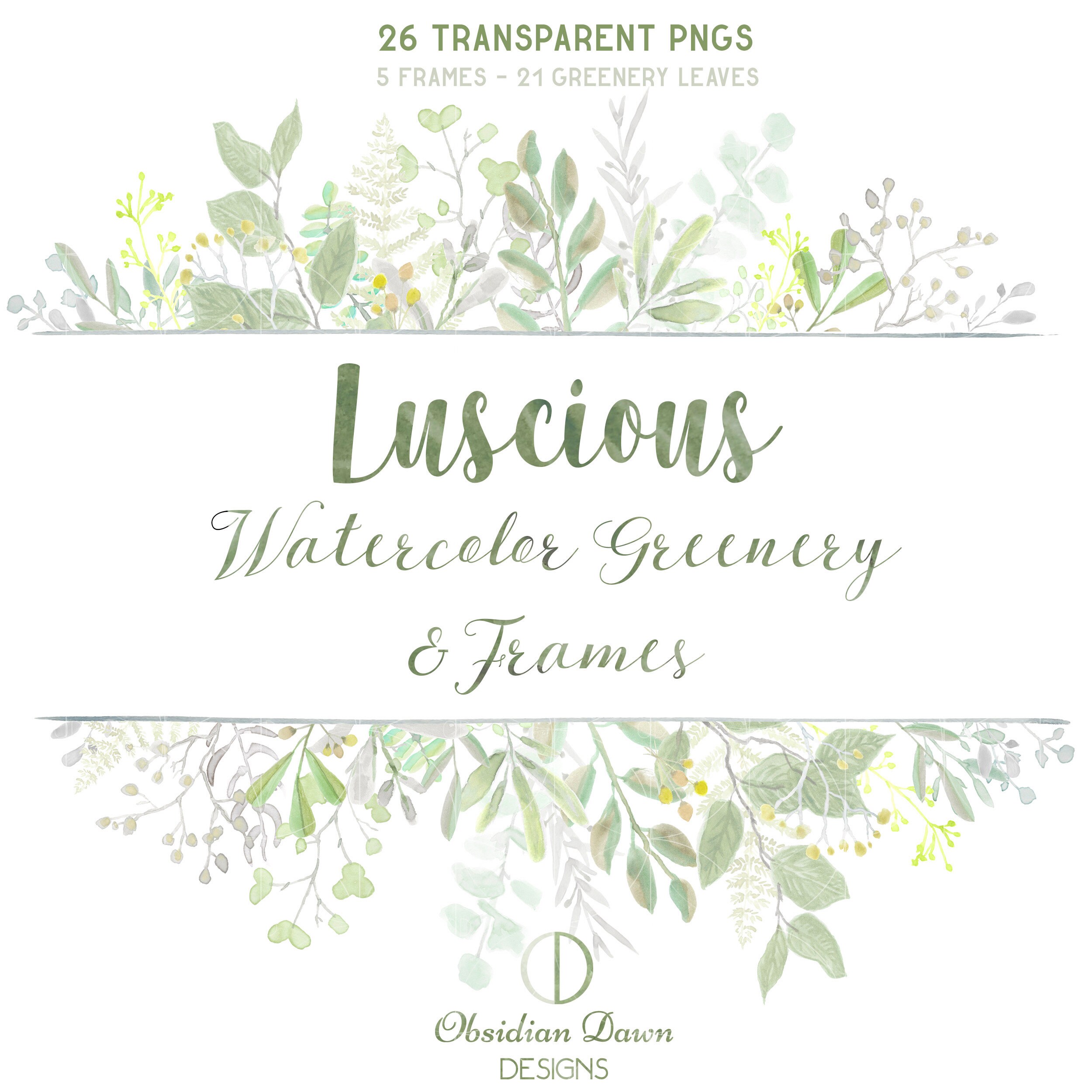 Luscious Watercolor Greenery, Greenery Frames, Foliage, Wedding ...