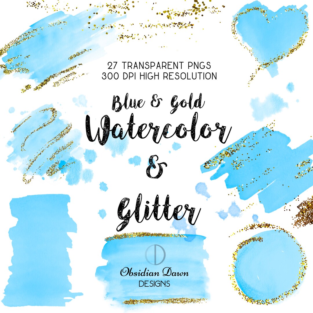 Blue Gold Watercolor & Glitter Clipart, Transparent Pngs, Watercolor ...