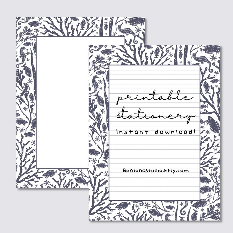 Printable Stationery, Instant Download, Nautical, Fish, Seahorse, Coral ...