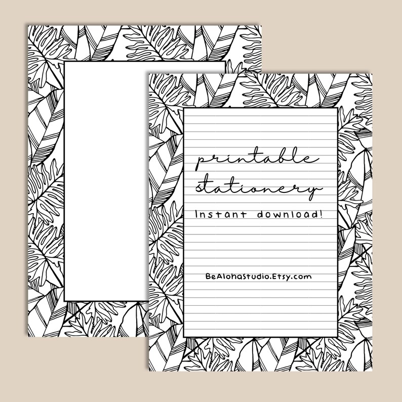 Printable Stationery, PDF, Tropical Leaves, Black and White, Lined ...