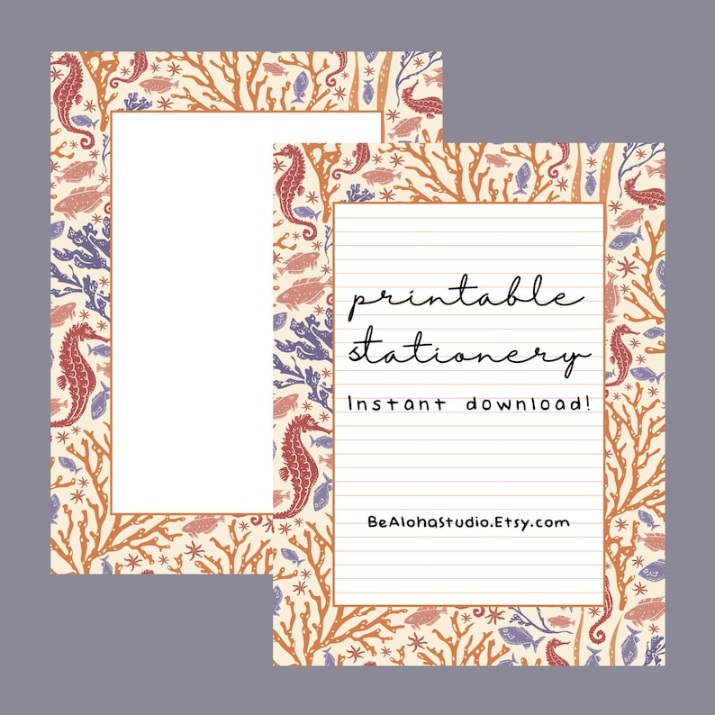 Printable Stationery, Instant Download, Nautical, Fish, Seahorse, Coral ...
