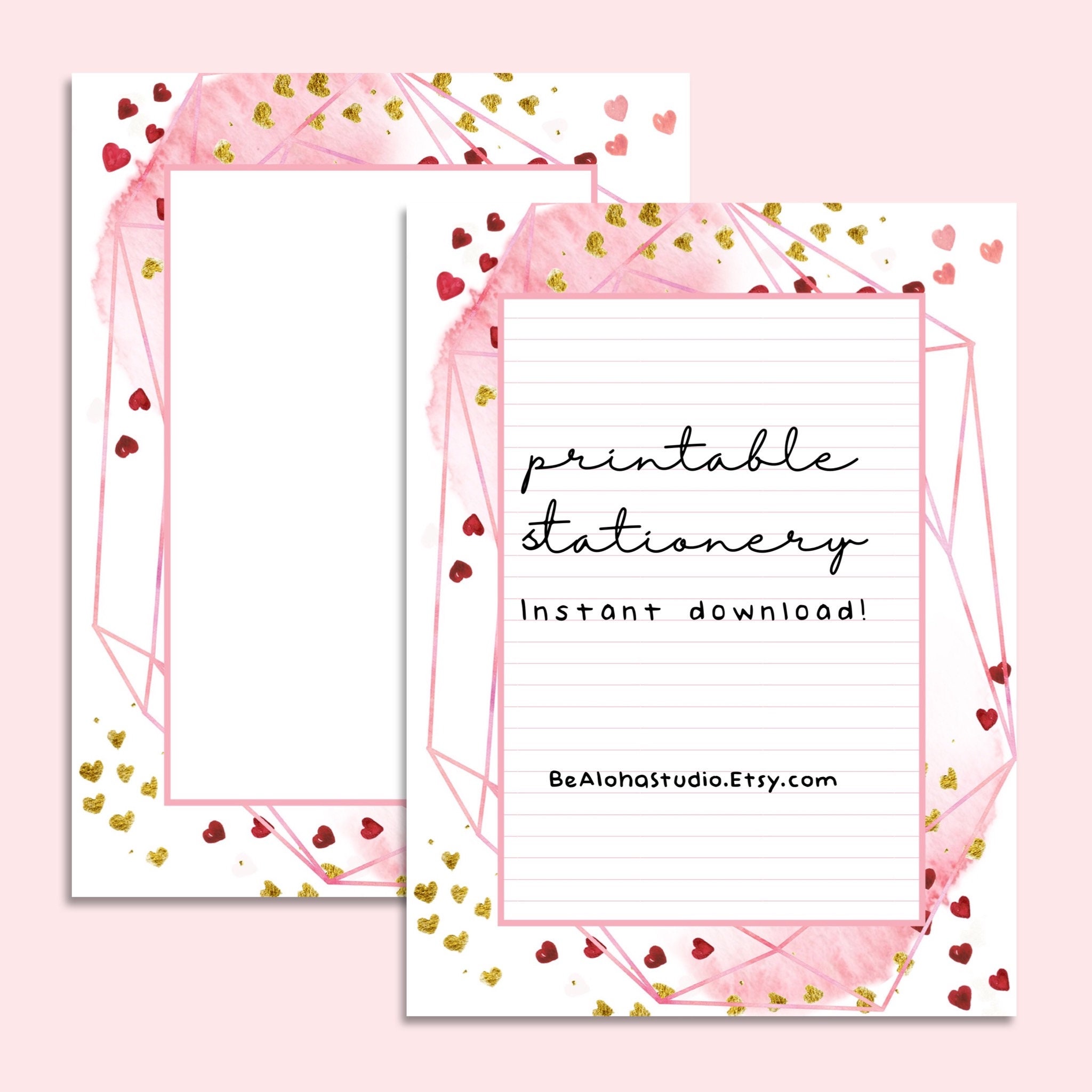 Printable Stationery, Watercolor, Hearts, Geometric, Pink and Red ...
