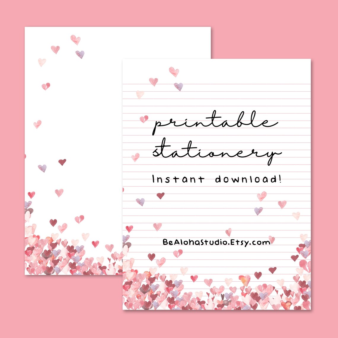 Printable Stationery, Watercolor, Hearts, Pink and Red, Pretty, Lined ...