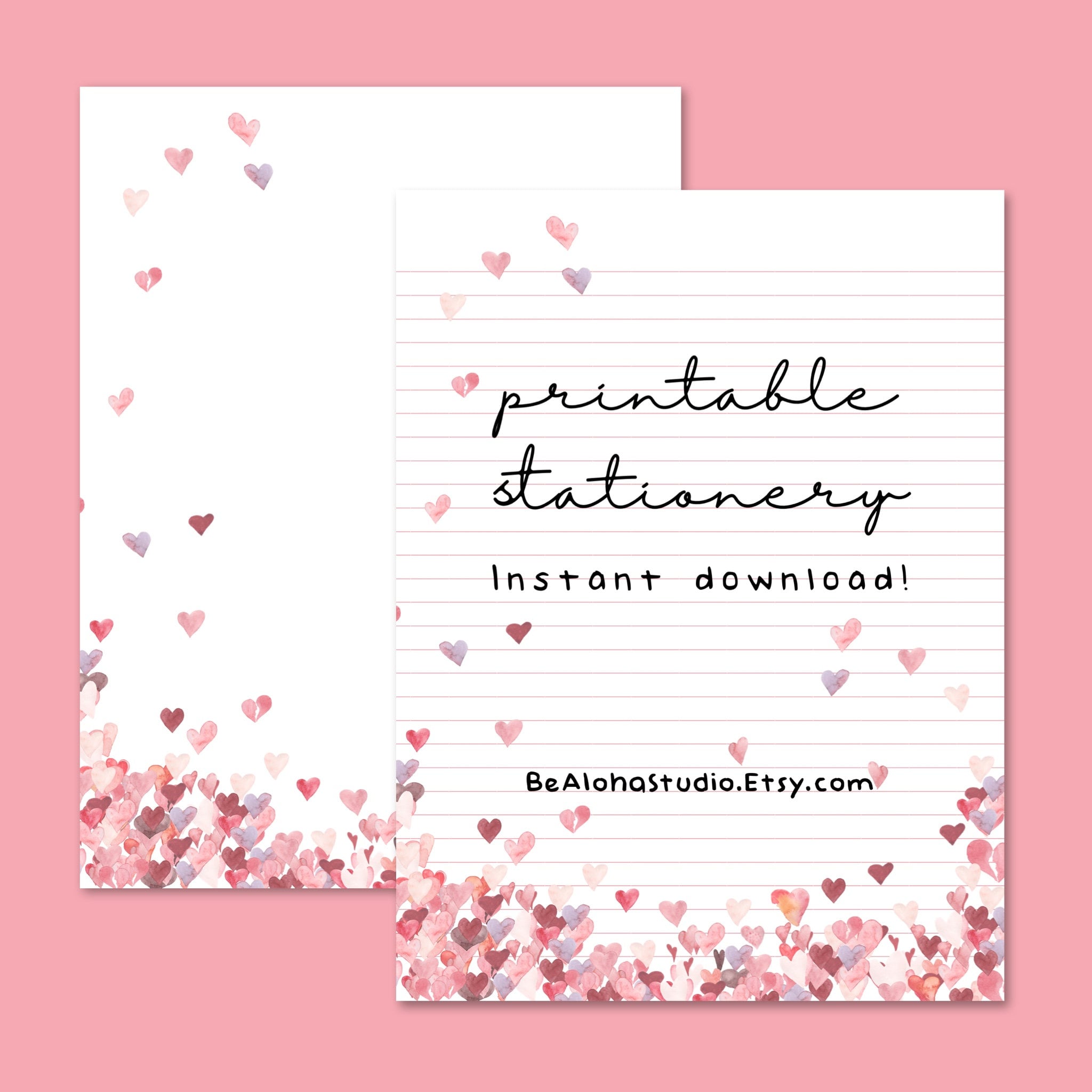 Printable Stationery, Watercolor, Hearts, Pink and Red, Pretty, Lined ...