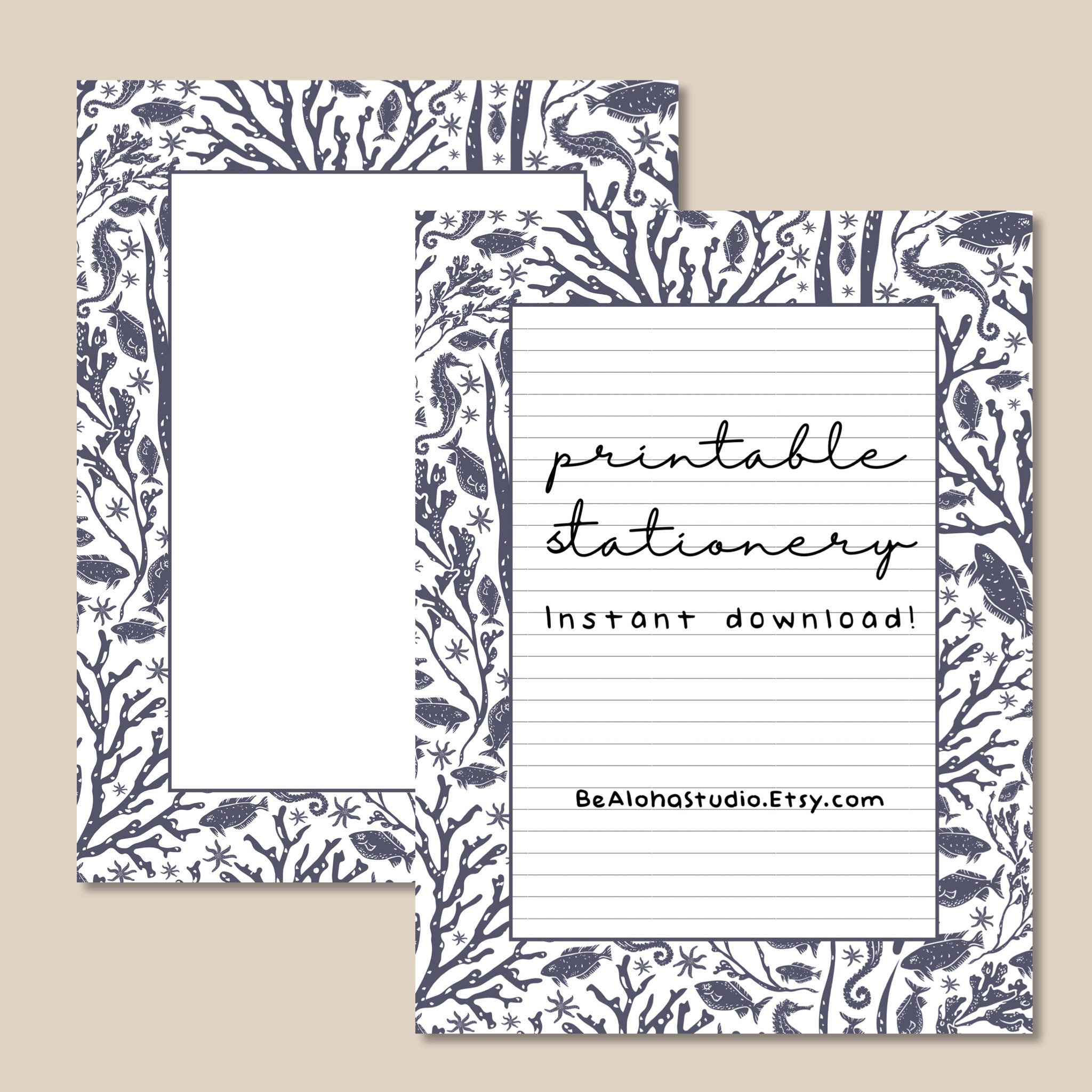 Printable Stationery, Instant Download, Nautical, Fish, Seahorse, Coral ...
