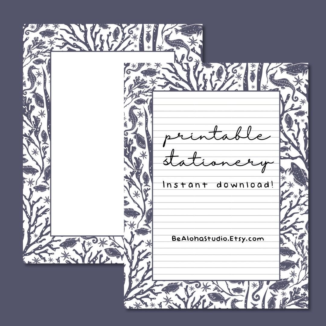 Printable Stationery, Instant Download, Nautical, Fish, Seahorse, Coral ...