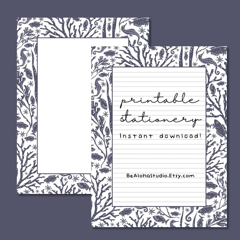 Printable Stationery, Instant Download, Nautical, Fish, Seahorse, Coral ...