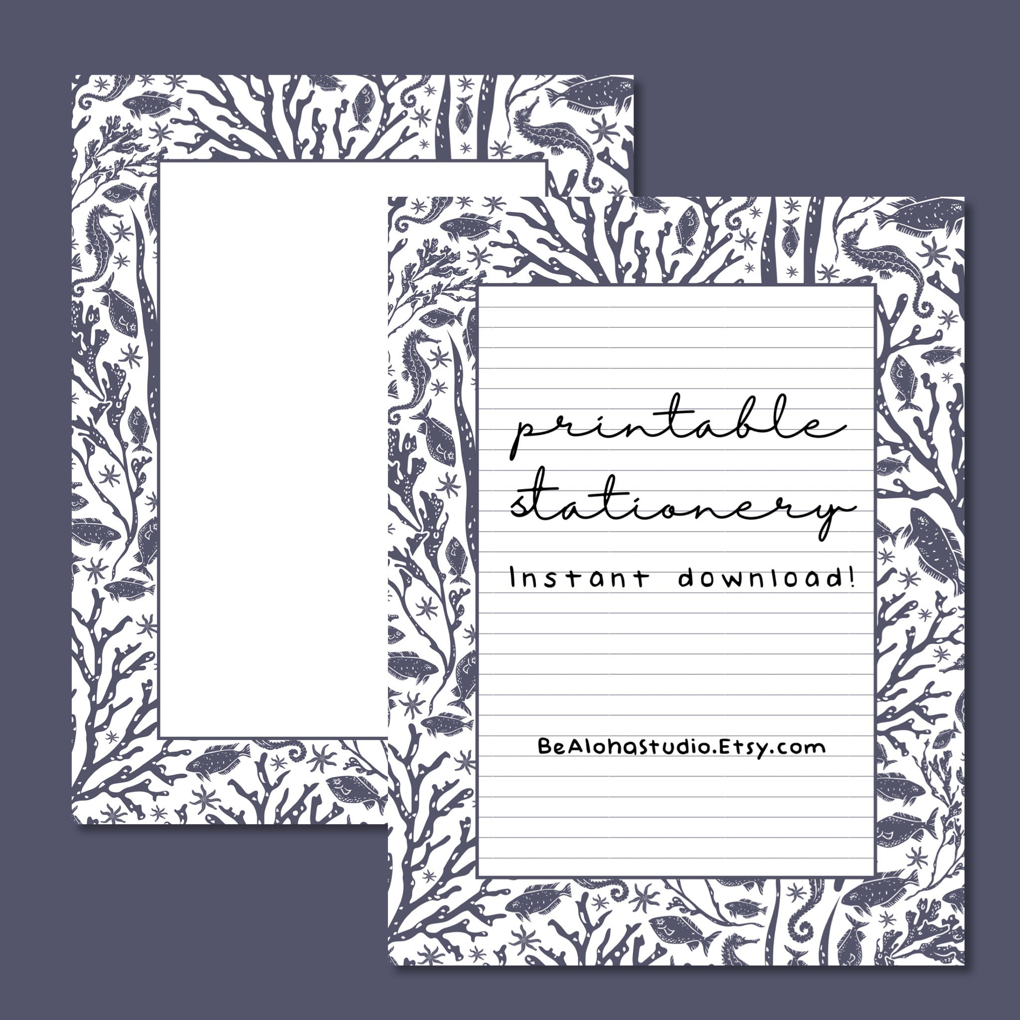 Printable Stationery, Instant Download, Nautical, Fish, Seahorse, Coral ...