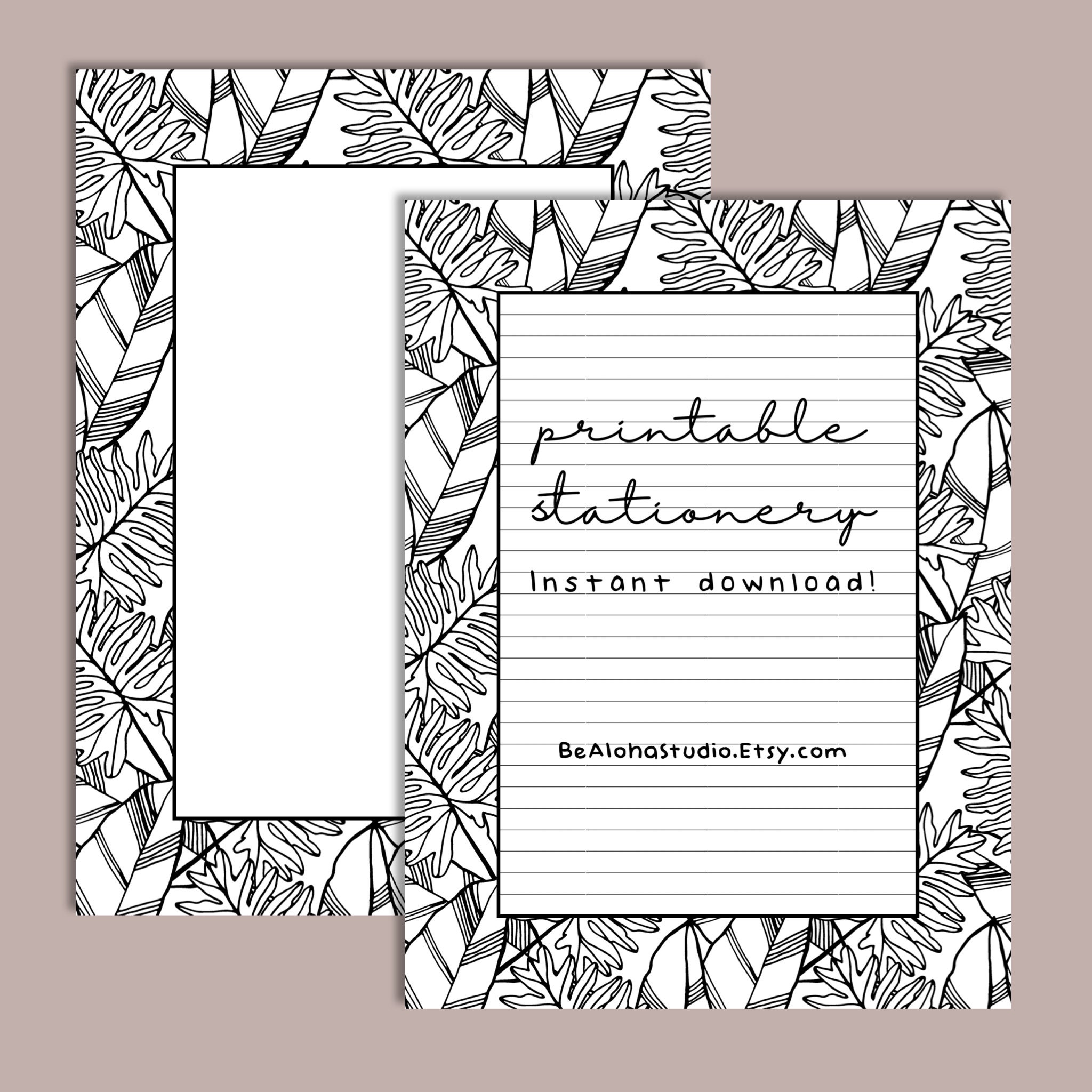 Printable Stationery, PDF, Tropical Leaves, Black and White, Lined ...