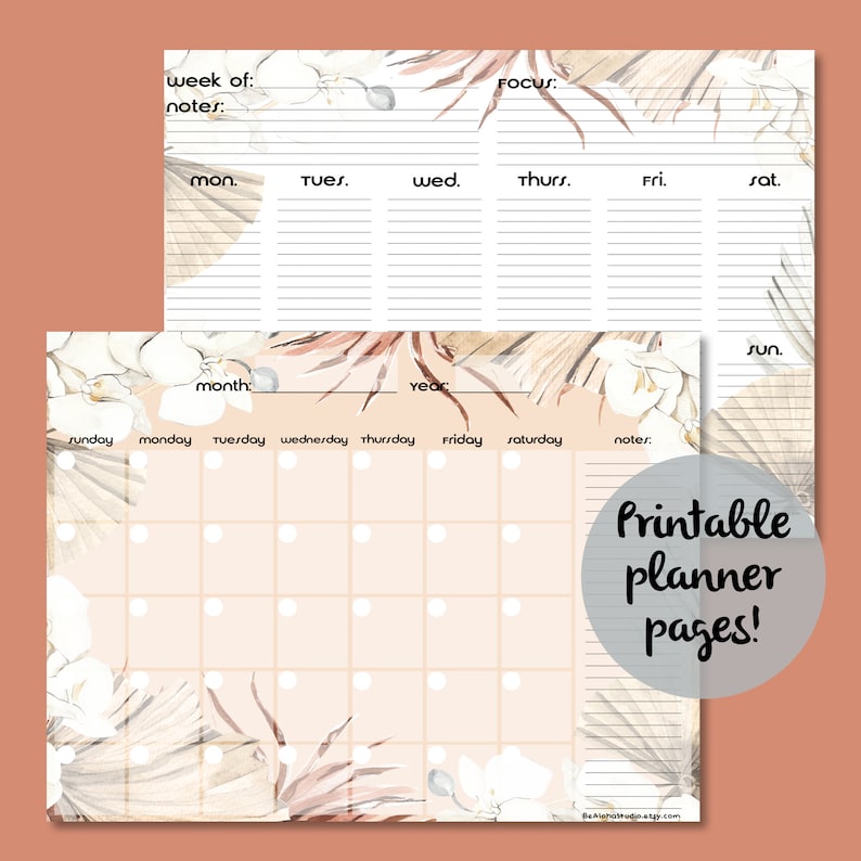 Undated Planner Set,monthly and Weekly,watercolor, Modern Earthy Floral ...