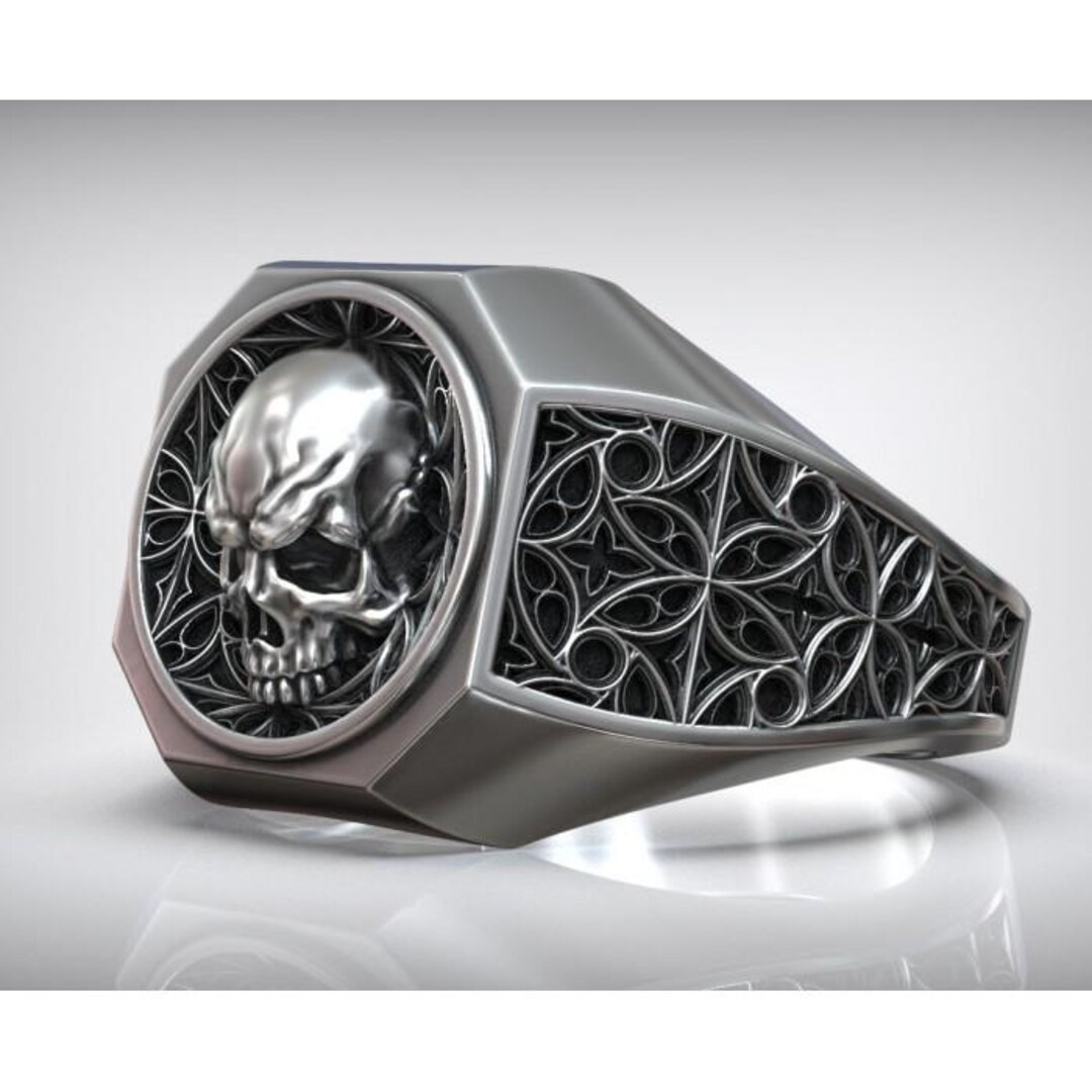 Gothic Silver Ring; 925 Sterling Silver Biker Skull Ring; Men's Ring ...