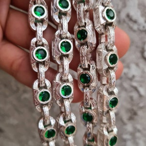 Men's Silver Chain Set With a Cross; Necklace With Green Stones - Etsy