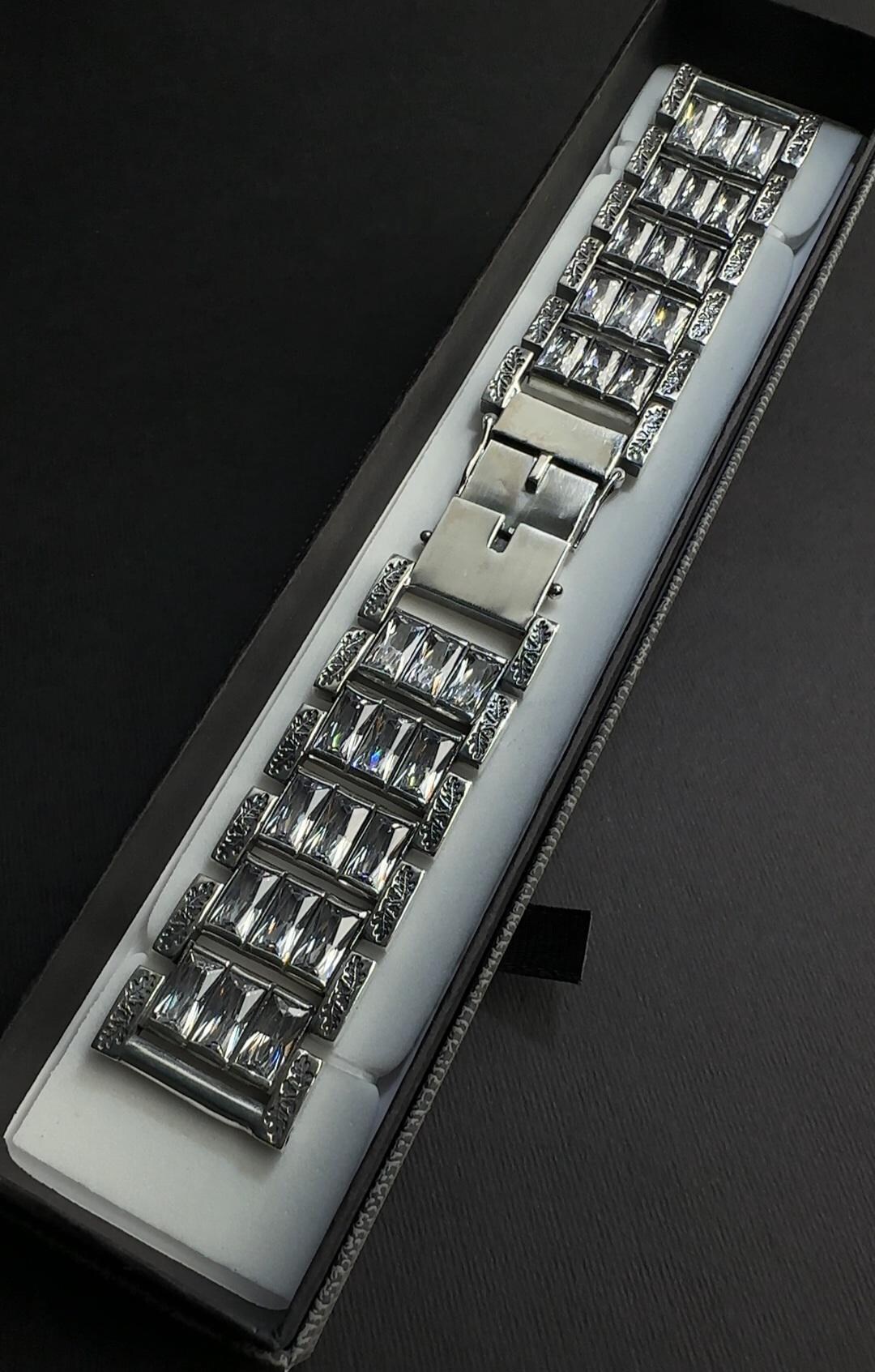 925 Sterling Silver Watch Bracelet With Stones; Watch Strap 23-26 Mm ...