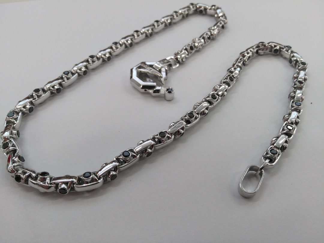 Men's 925 Sterling Silver Chain With Black Stones; Rhodium Plated ...