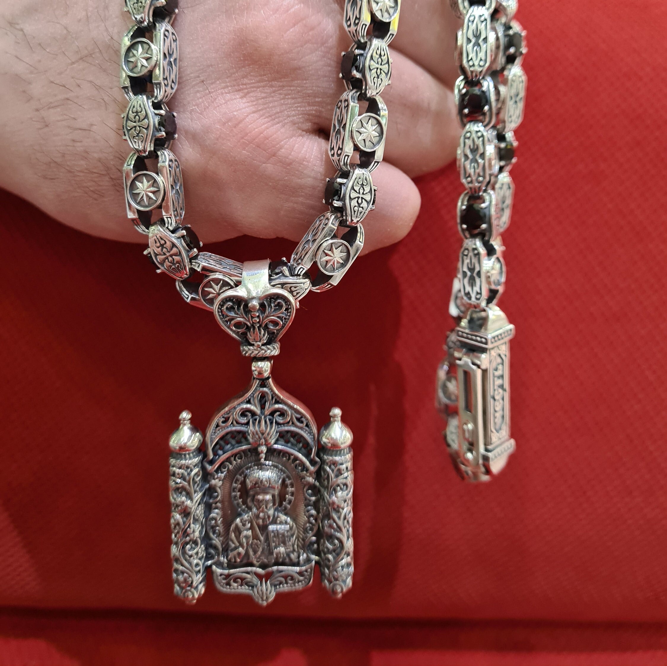 Men's Silver Icon Necklace Set; 925 Silver Icon of Saint Nicholas; Men ...