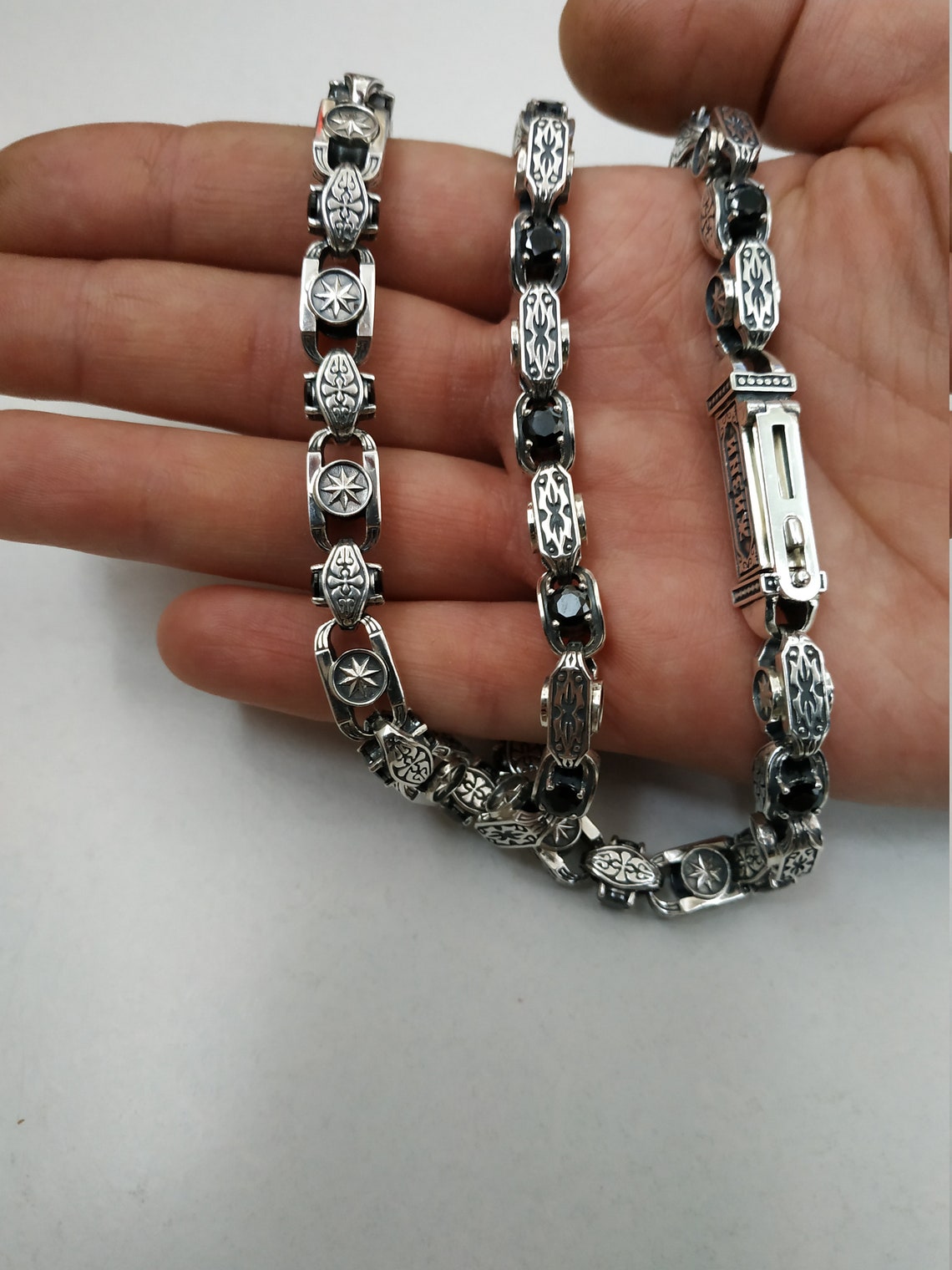 Men's Silver Chain Necklace With Stones - Etsy