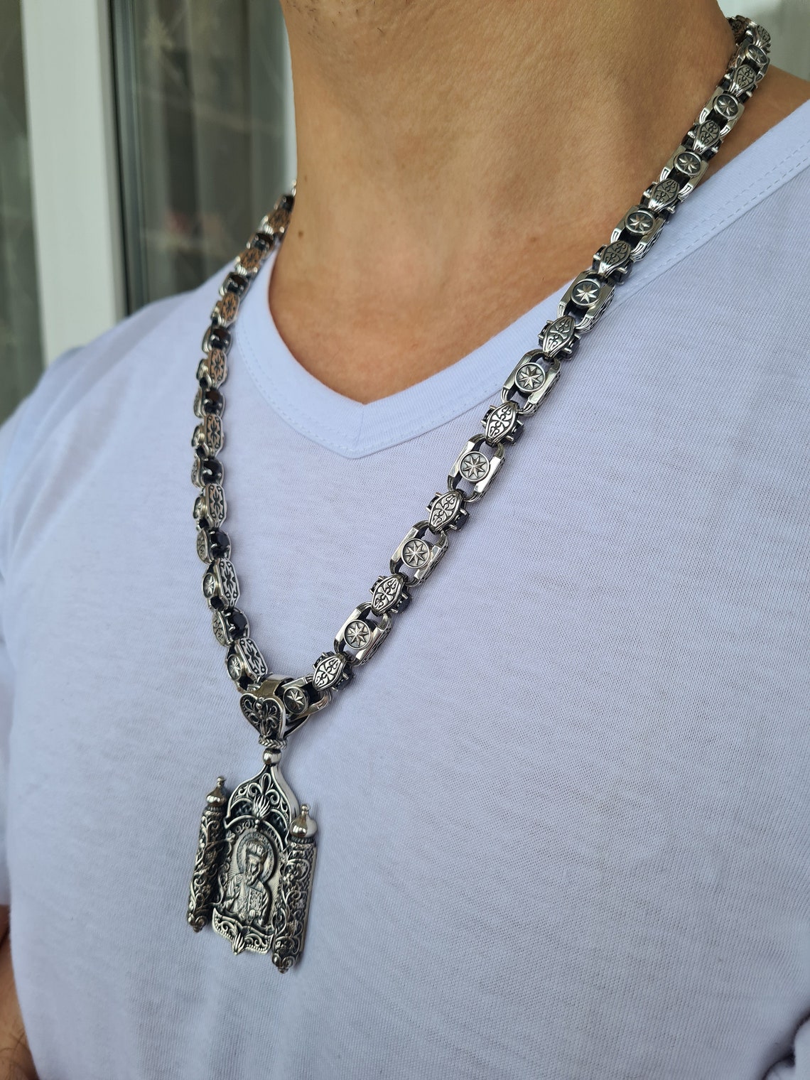 Men's Silver Icon Necklace Set; 925 Silver Icon of Saint Nicholas; Men ...