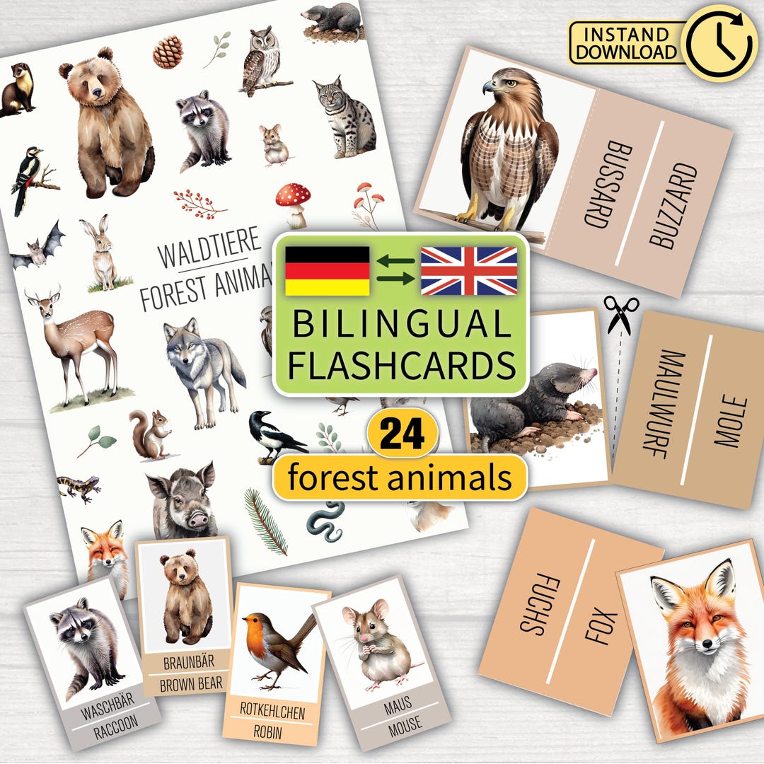 Bilingual Flashcards Forest Animals – Montessori Learning Material for ...