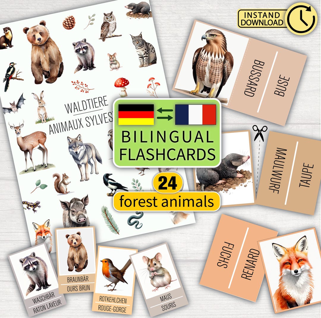 Bilingual Flashcards Forest Animals – Montessori Learning Material for ...