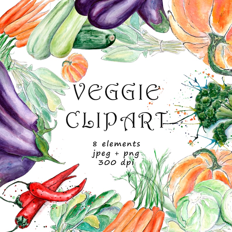 Vegetables Clipart, Watercolor Clipart, Cookbook, Vegan Clipart ...