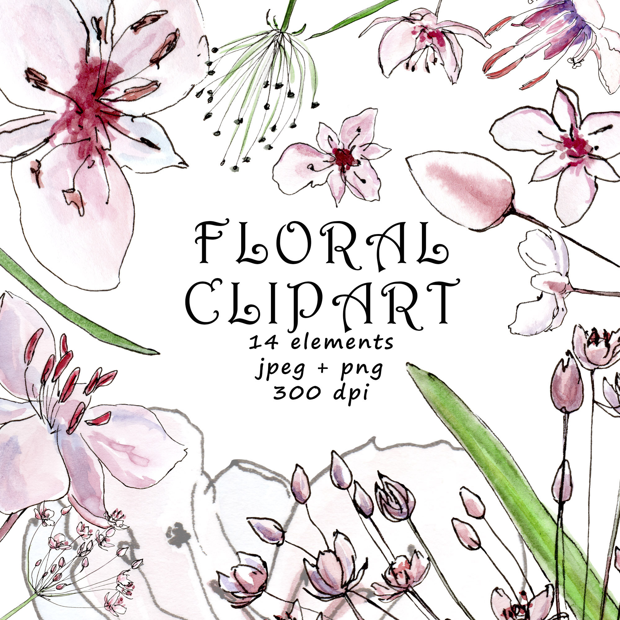 Pink Flower Clipart, Watercolor Floral Images, Digital Flower Clipart ...