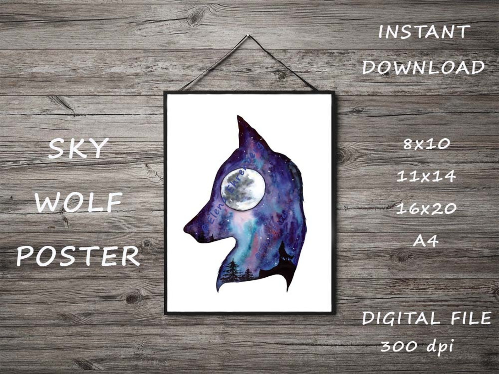 Printable Wolf Poster, Room Wall Art, Digital Watercolor Wolf ...
