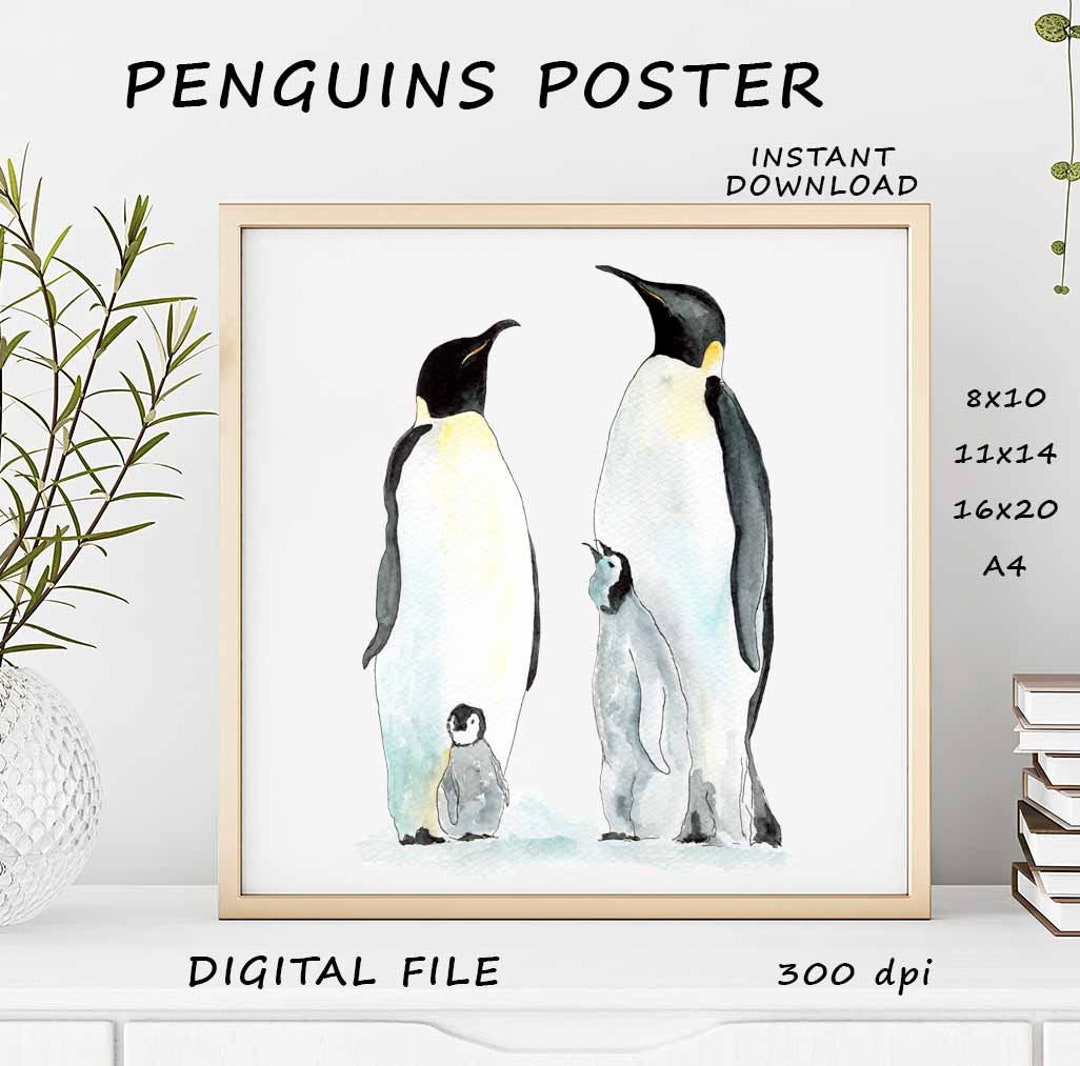 Printable Penguins Family Poster, Penguin Print, Digital Watercolor ...