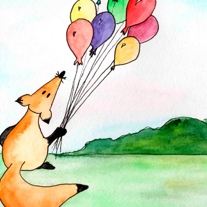 Printable Watercolor Cartoon Fox Poster, Kids Room Wall Art, Digital ...