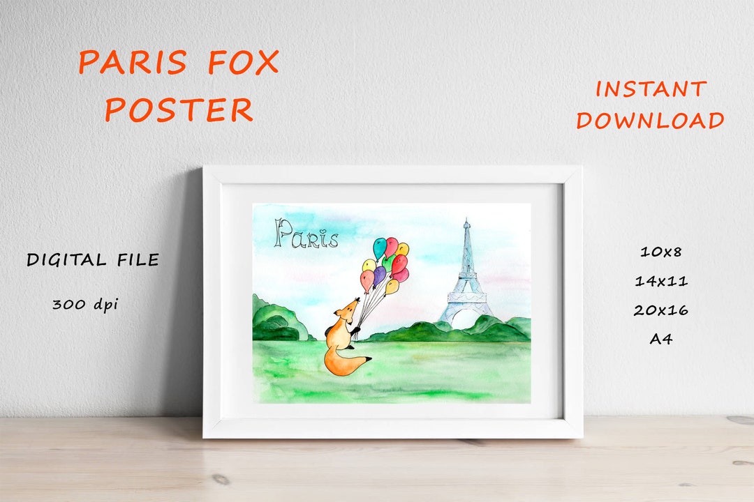 Printable Watercolor Cartoon Fox Poster, Kids Room Wall Art, Digital ...
