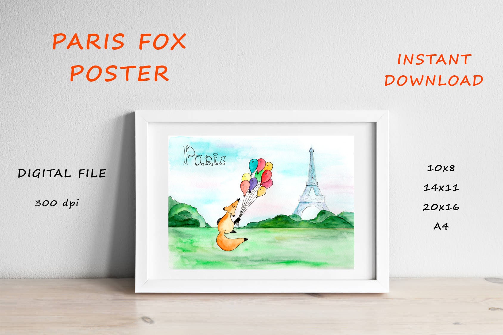 Printable Watercolor Cartoon Fox Poster, Kids Room Wall Art, Digital ...