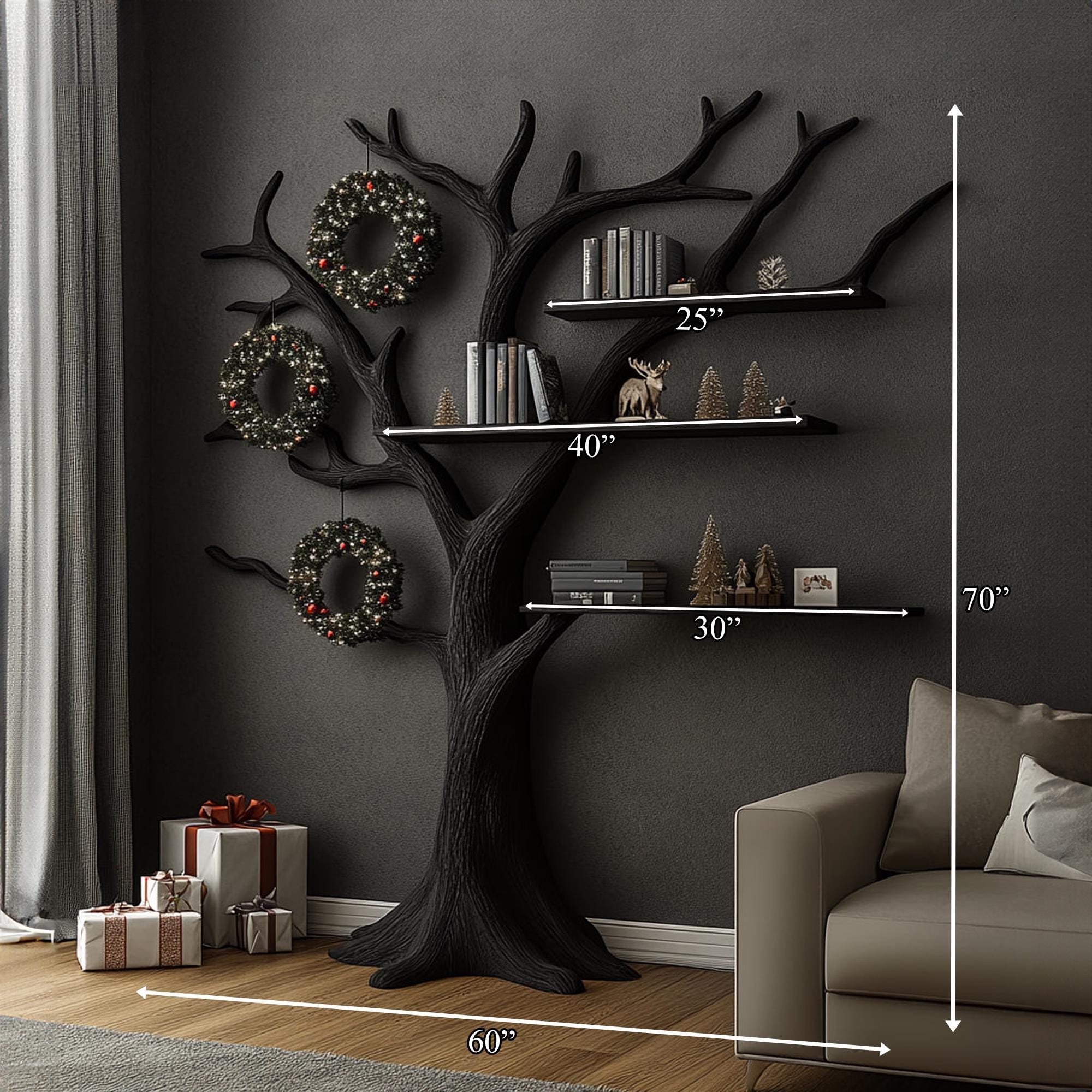 Christmas Tree Bookshelf, Black Wooden Branch Bookcase for Holiday ...