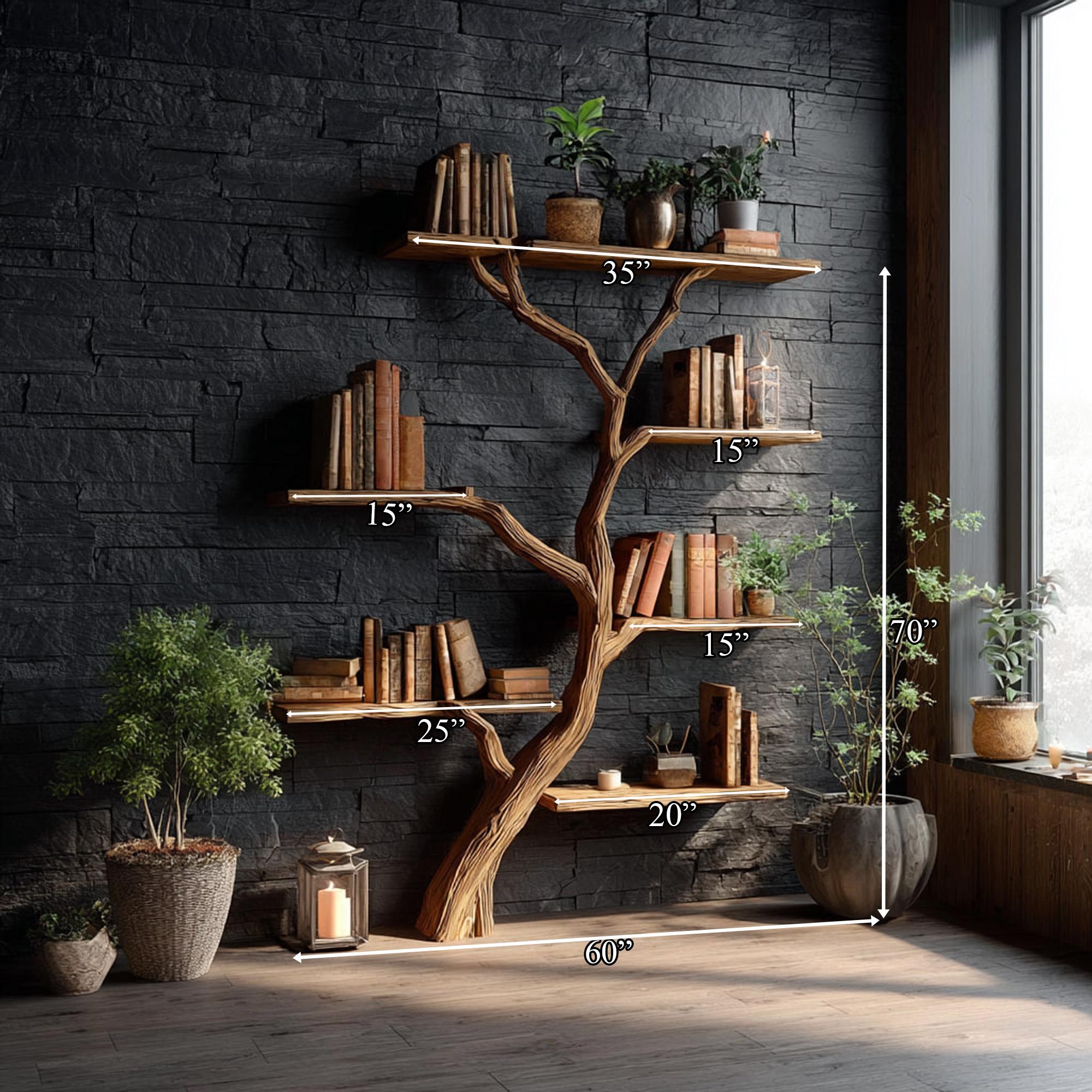 Solid Wood Tree Shaped Bookshelf Rustic Tree Wall Shelf Handmade Branch ...
