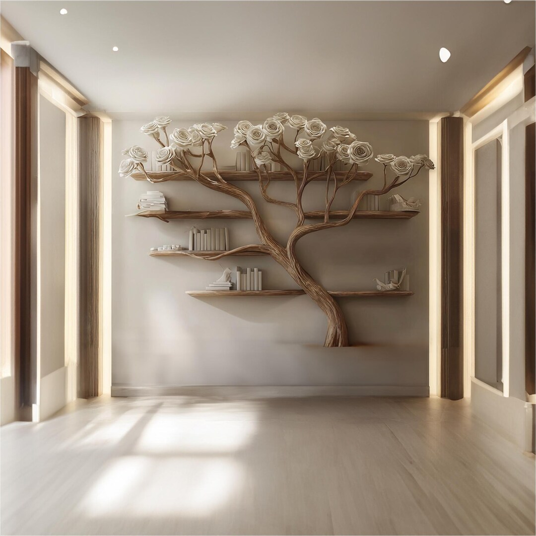 Handmade Tree Bookshelf Live Edge Wood Rustic Wooden Bookcase Solid ...